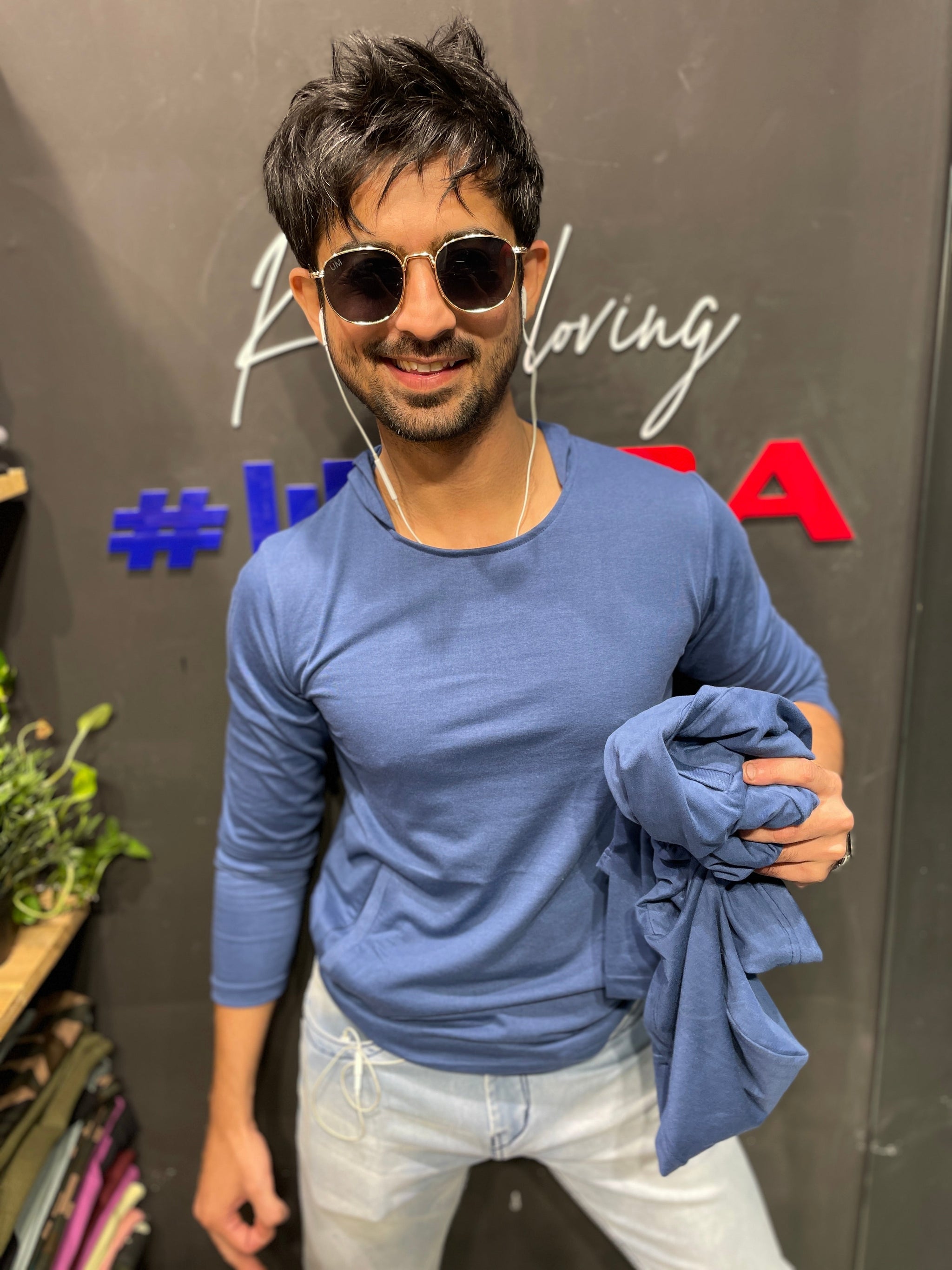 Denim Blue Hooded Tee with Front Pocket – Likera Clothing Co