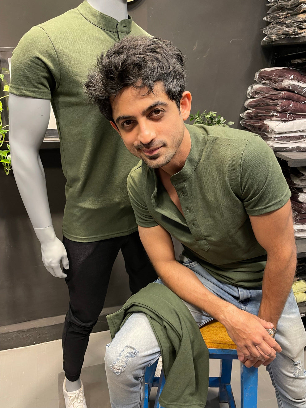 Olive Chinese Collar Tee – Likera